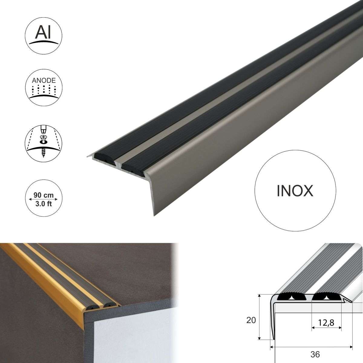 15 Pack Inox 36x20mm Anodised Aluminium Non Slip Nosing